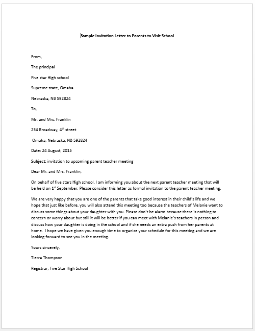 Invitation Letter to Parent to Visit School - Smart Letters